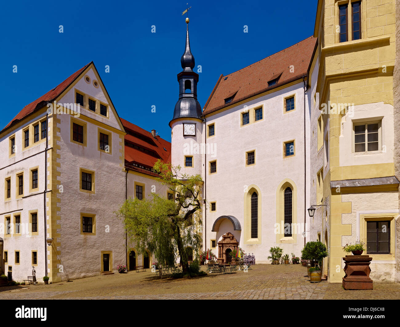 Courtyard with bell tower and chapel, Colditz Castle, Saxony, Germany ...