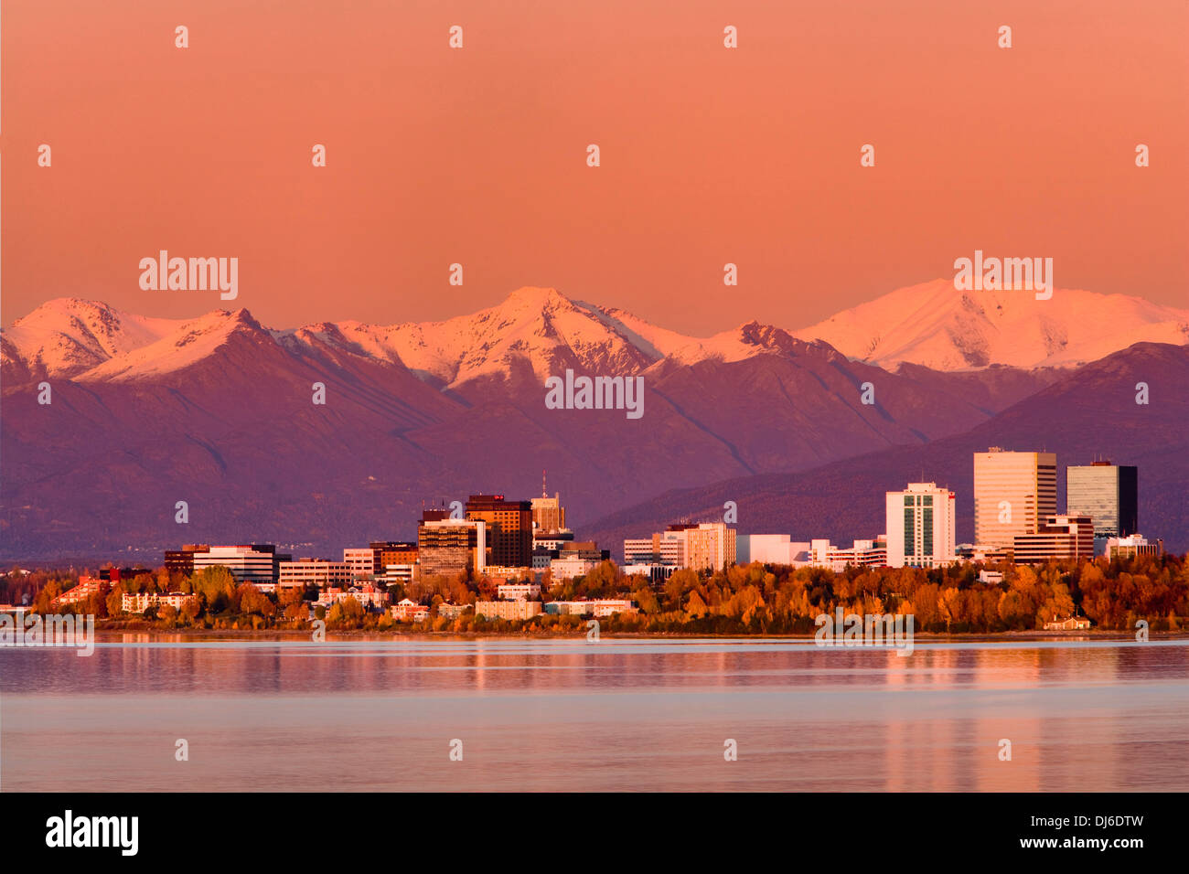 The Anchorage Skyline & Reflection At Sunset As Seen From Earthquake ...
