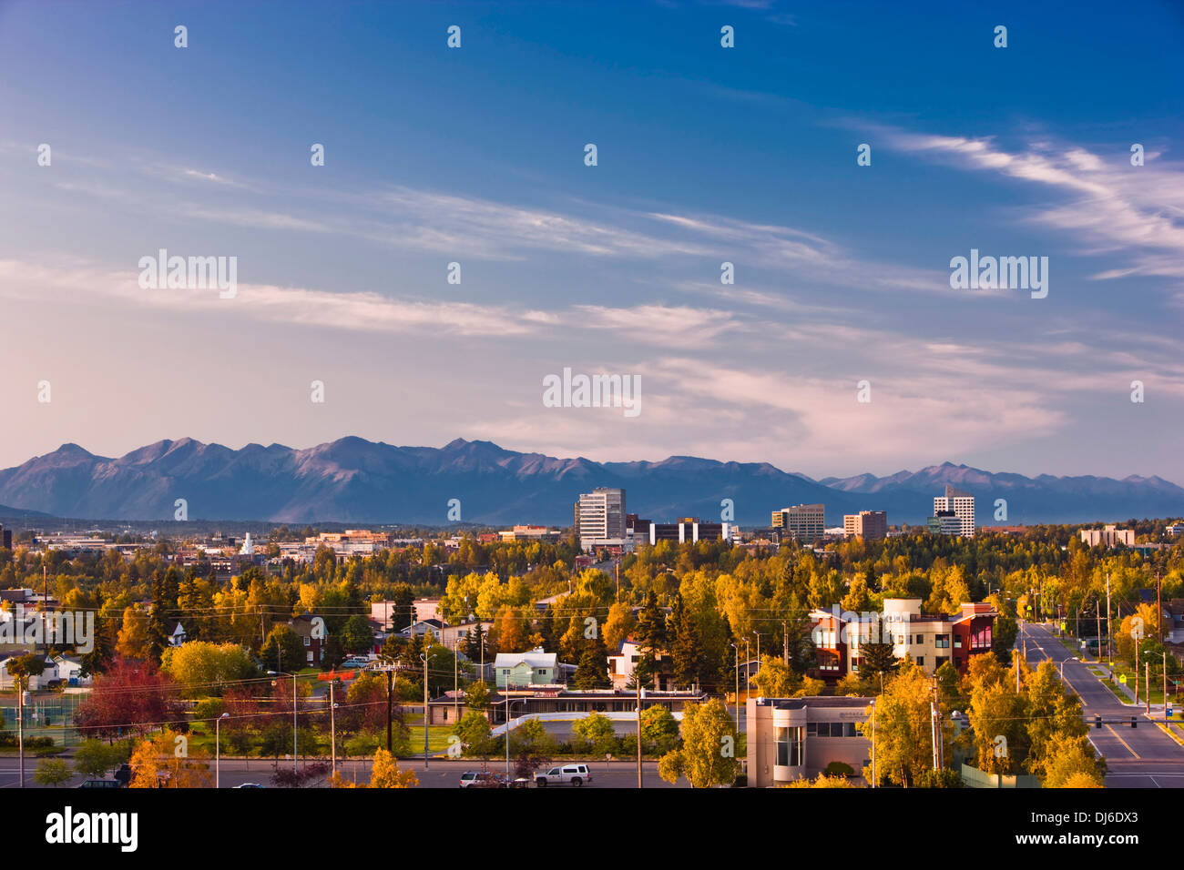 Panorama View Of Anchorage's Midtown Skyline With The Chugach Mountains ...