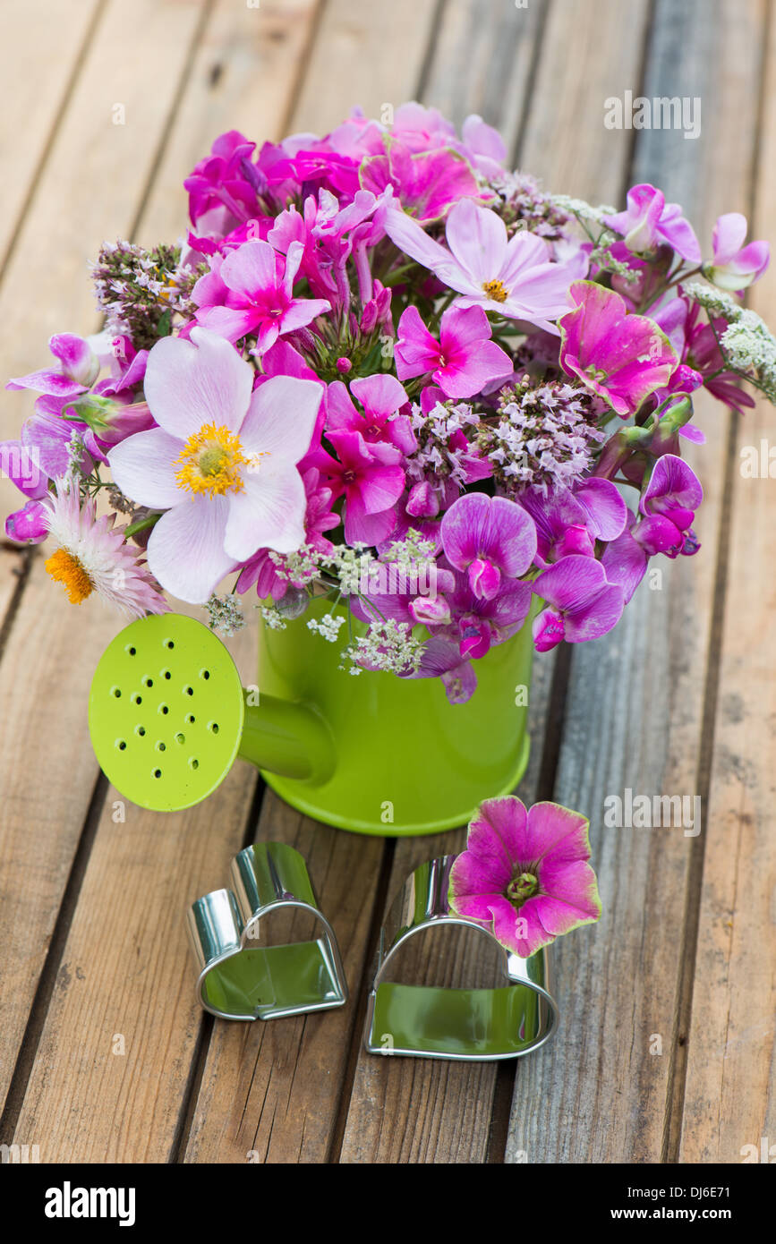 Pink garden flowers in a small watering can Stock Photo - Alamy