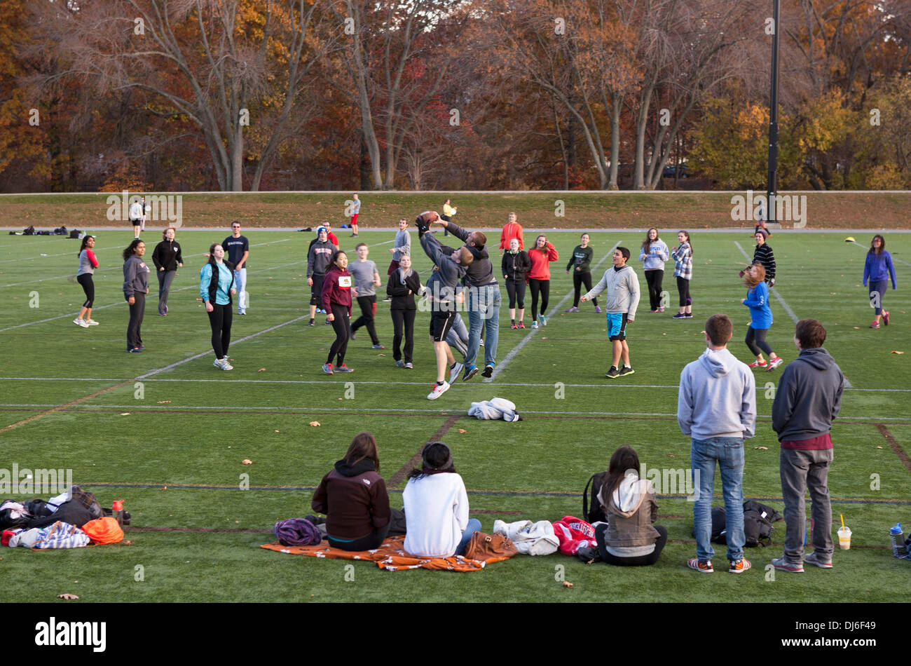 Male and female college students play football together in Boston Stock ...