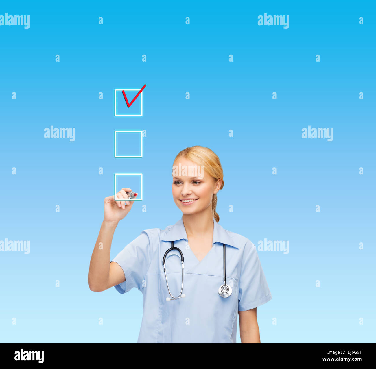doctor or nurse drawing checkmark into checkbox Stock Photo - Alamy