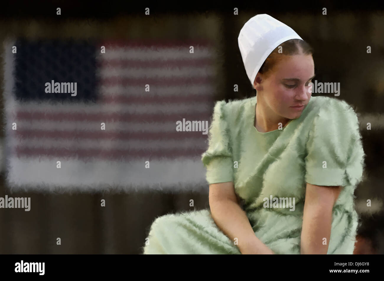 Mennonite Teenage Girl at Heritage Festival with American Flag Behind ...