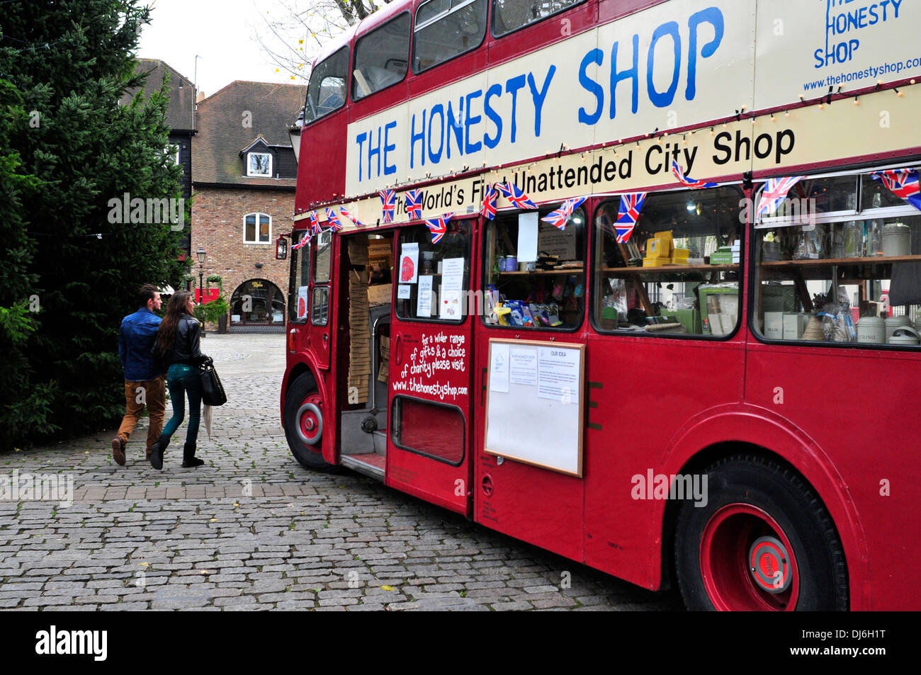 A double decker red bus transformed into an honesty shop, London, UK ...