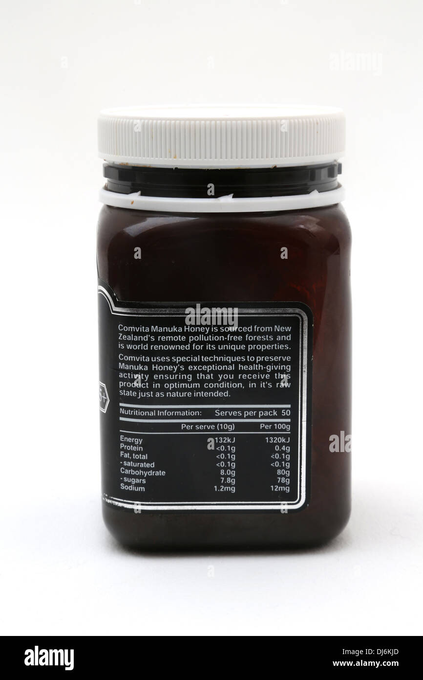 A Jar Of Active Manuka Honey From New Zealand Label Showing Nutrition ...