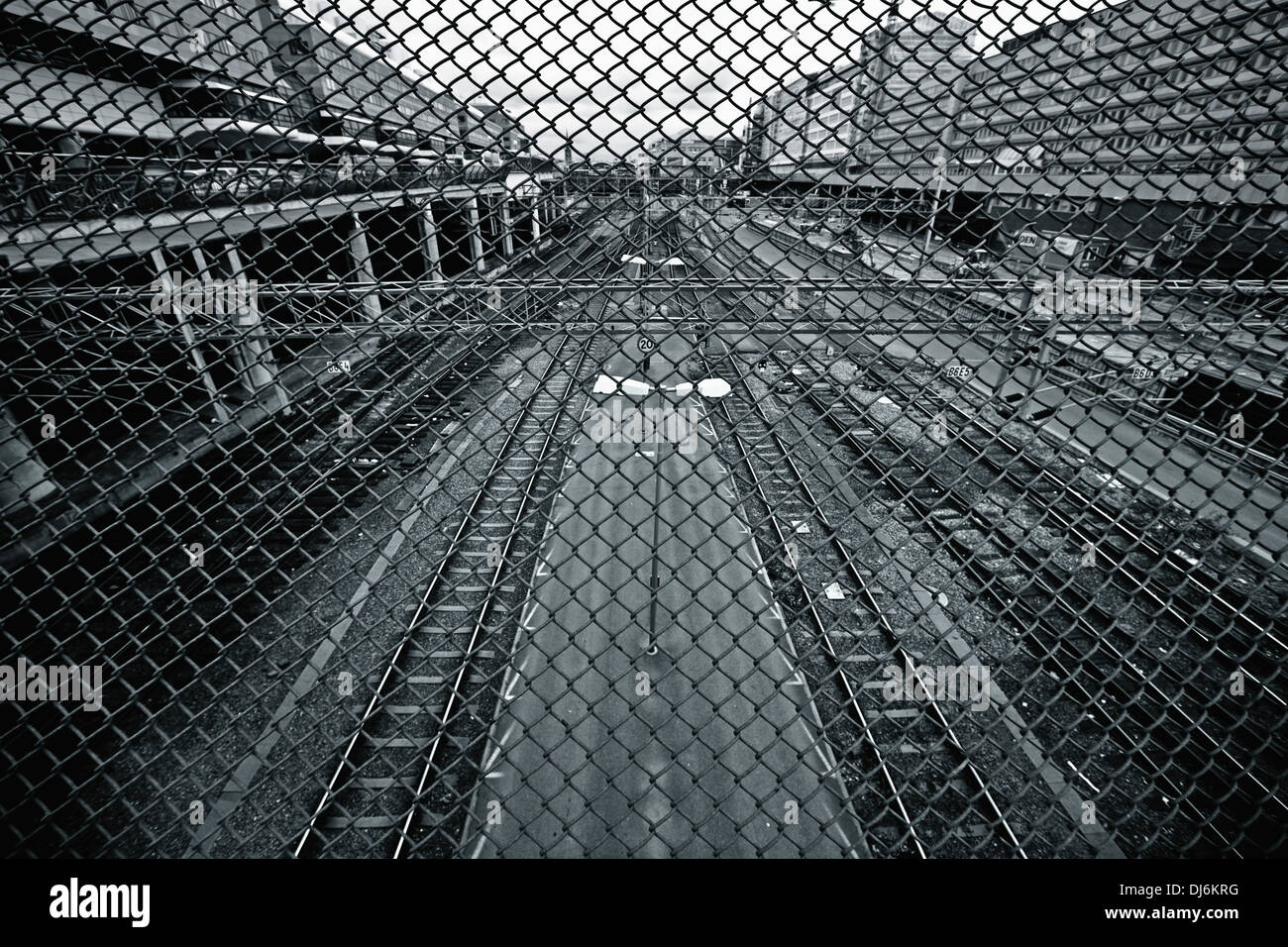 Train Tracks Seen Through Chain Link Fence; Stockholm, Sweden Stock ...