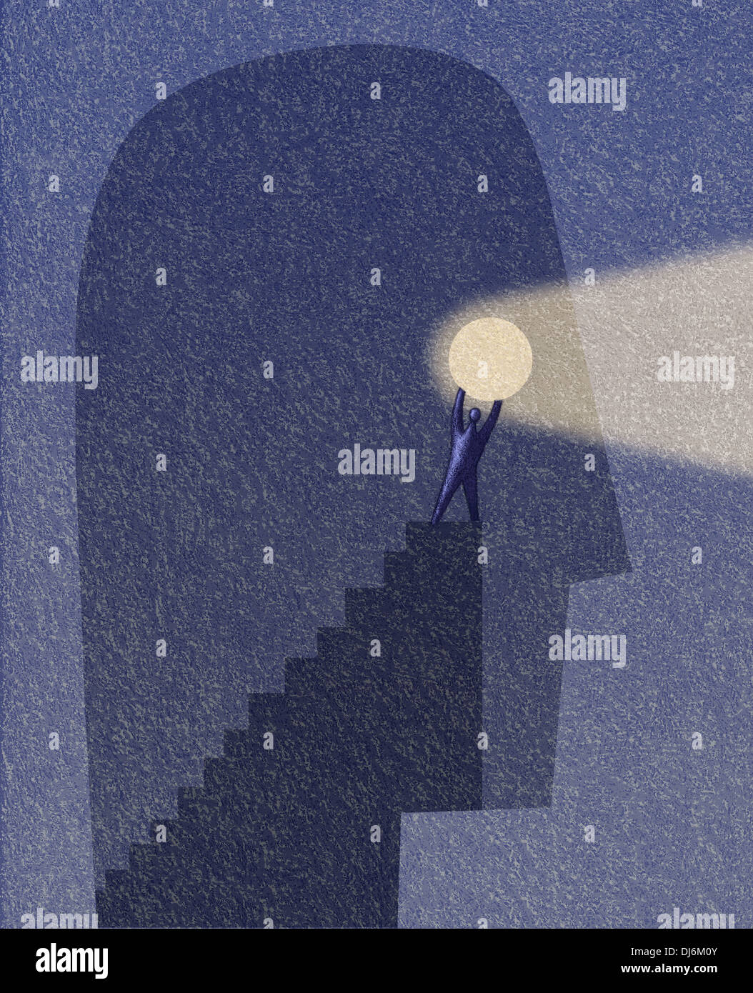 Figure holding bright light on staircase Stock Photo - Alamy