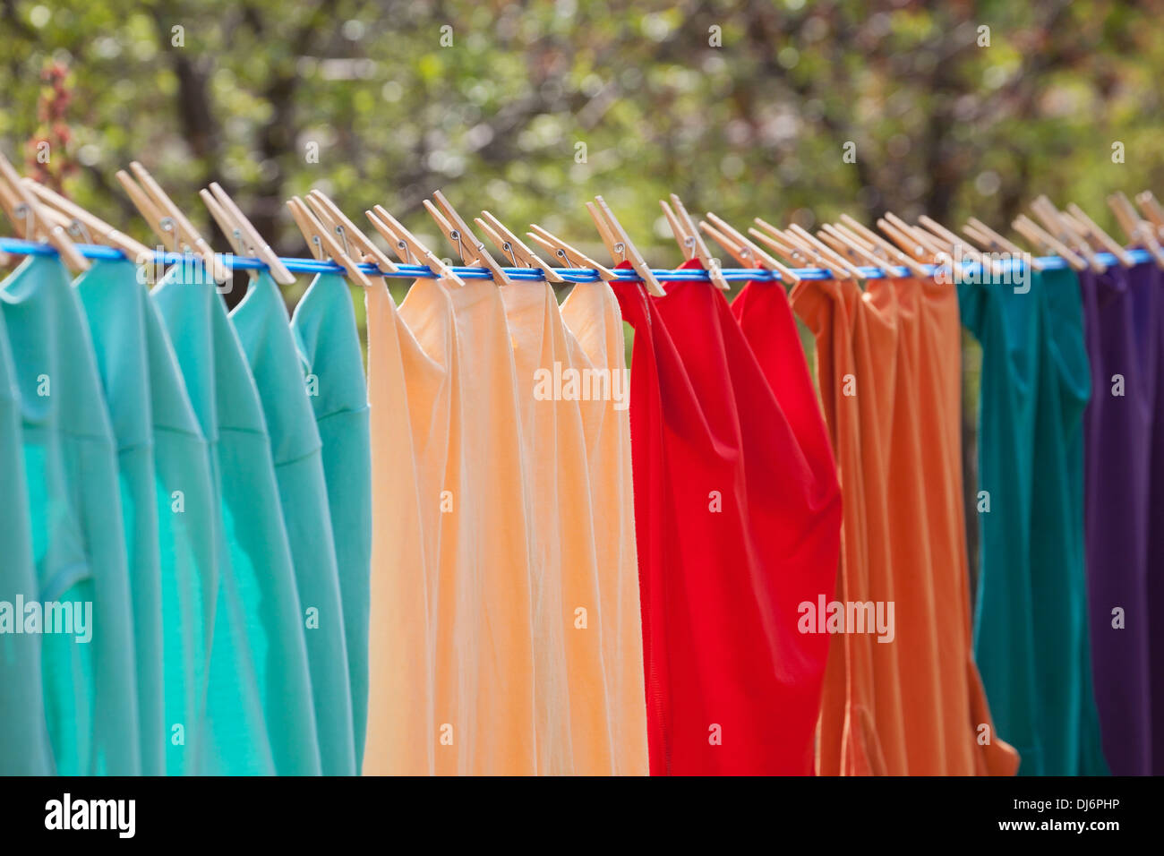 Close Up Of Colourful Clothes Hanging On A Clothes Line With Clothes ...
