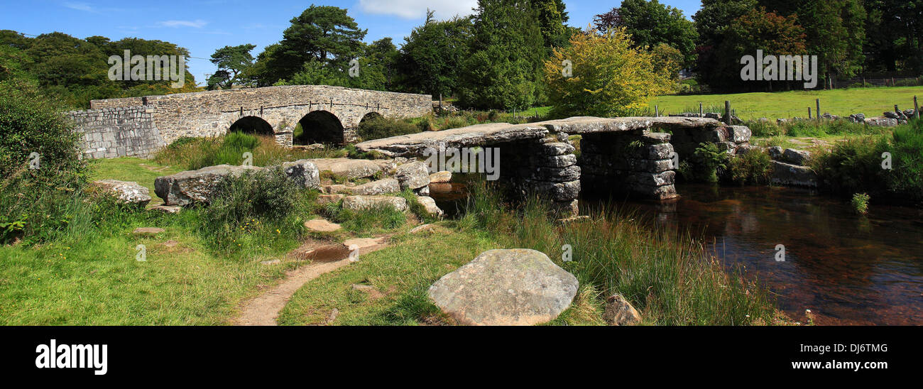 Summer, Ancient Stone Clapper Bridge, Postbridge village; East Dart ...