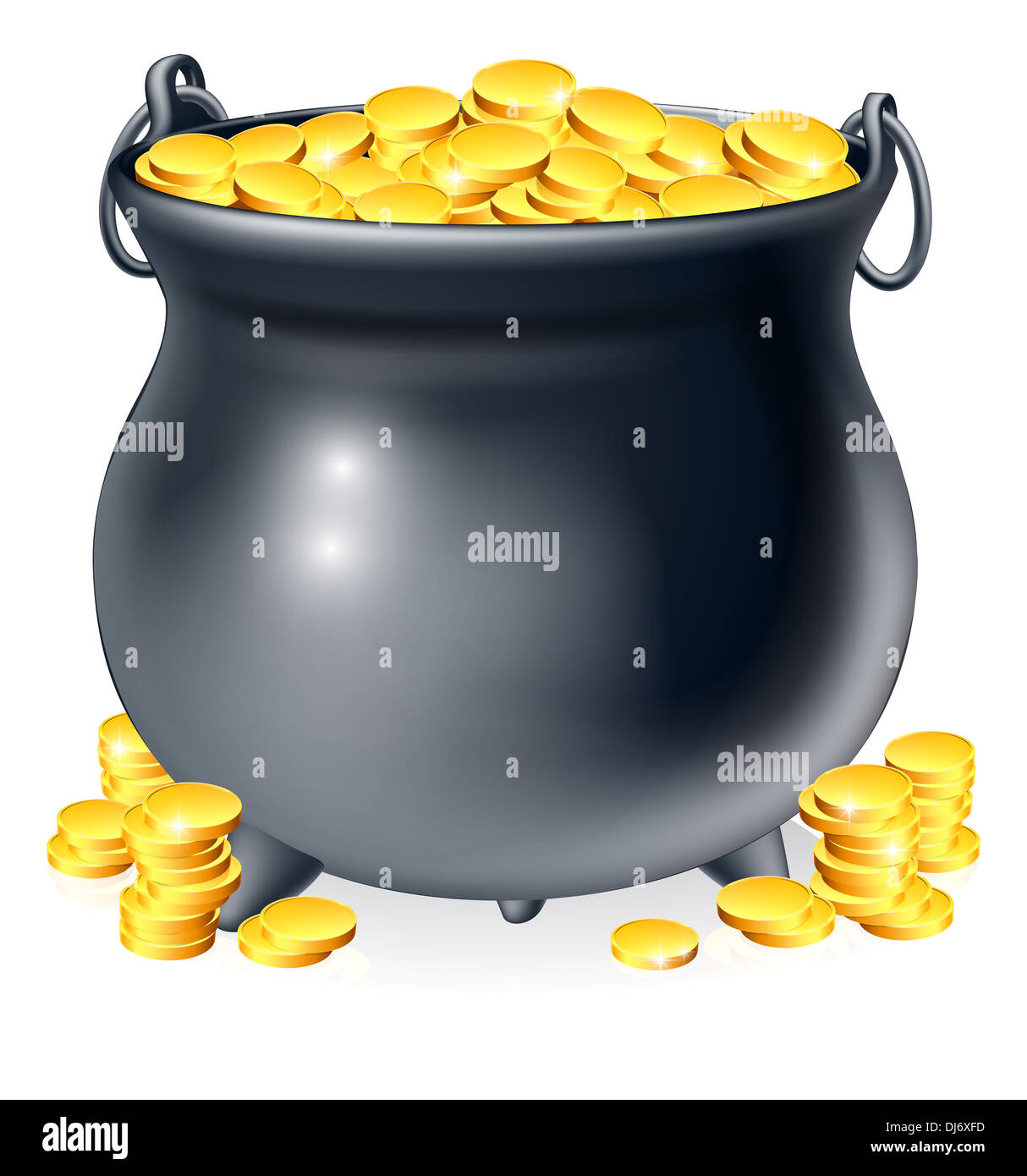 Illustration of cauldron or a black pot full of gold coins Stock Photo ...
