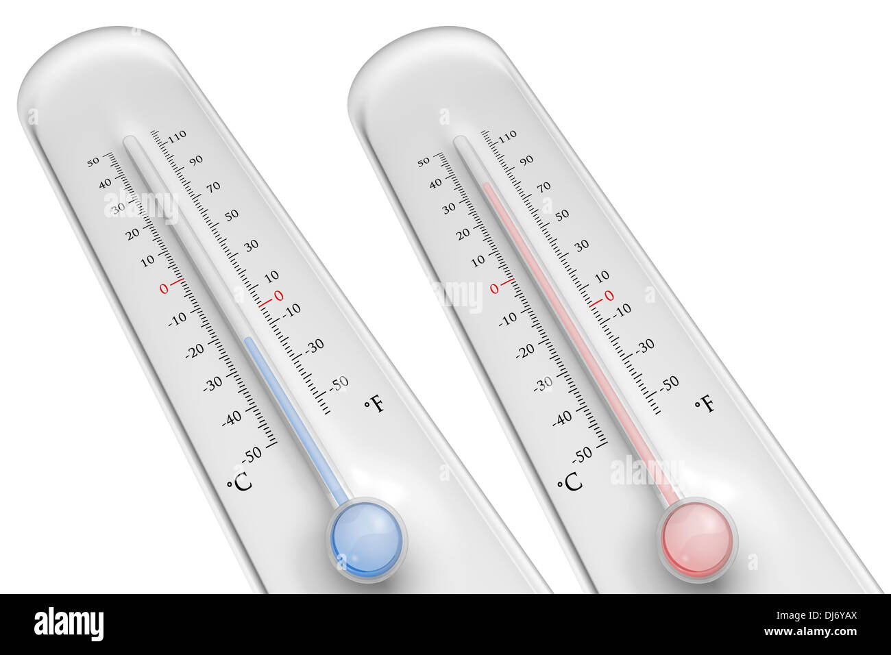 Two thermometers on white background with high and low temperature ...