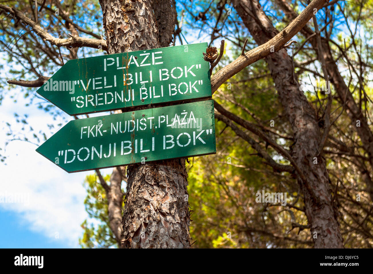 Signs for beaches on Proizd island, Croatia Stock Photo - Alamy