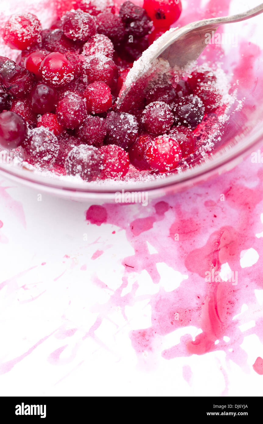 Sugared fresh cranberries with cranberry splash space for your text ...