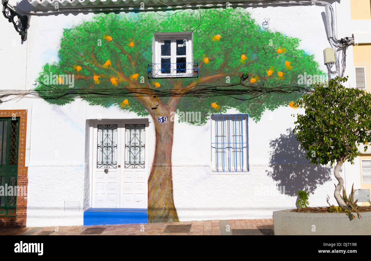 Picture of a tree painted on a Spanish house in Nerja on the Costa Del ...