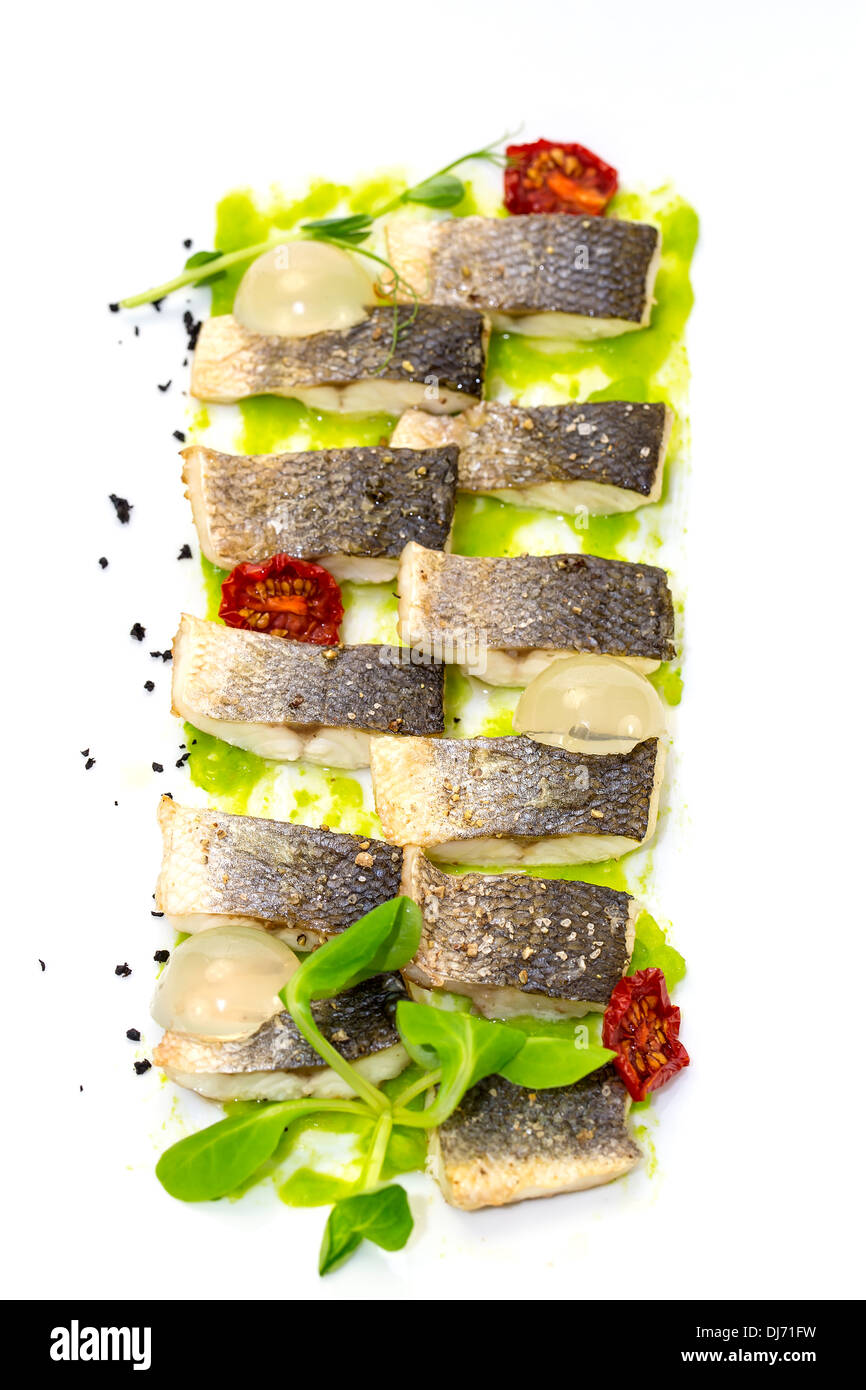 Baked black cod fish on a white background in the restaurant Stock ...