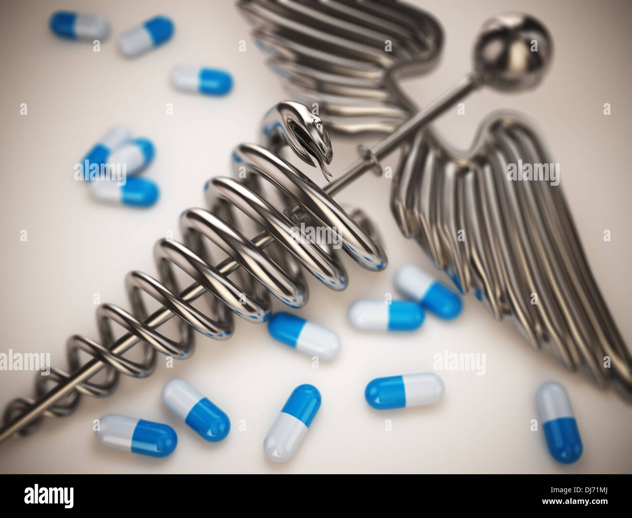 Pills and caduceus pharmacy symbol on white isolated background. 3d ...