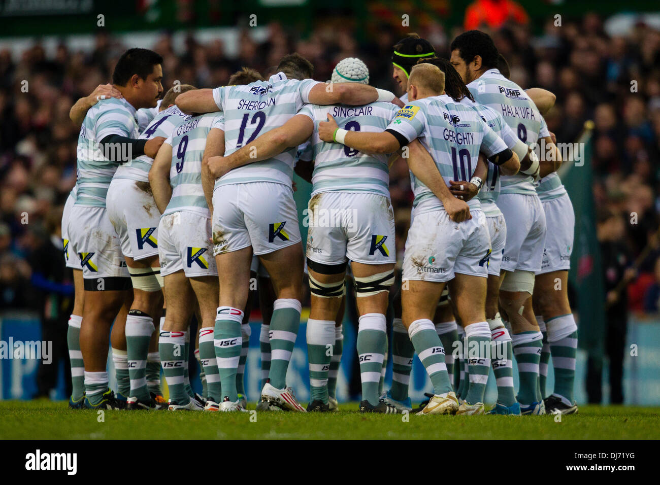 Leicester, UK. 23rd Nov, 2013. London Irish huddle before kick-off ...