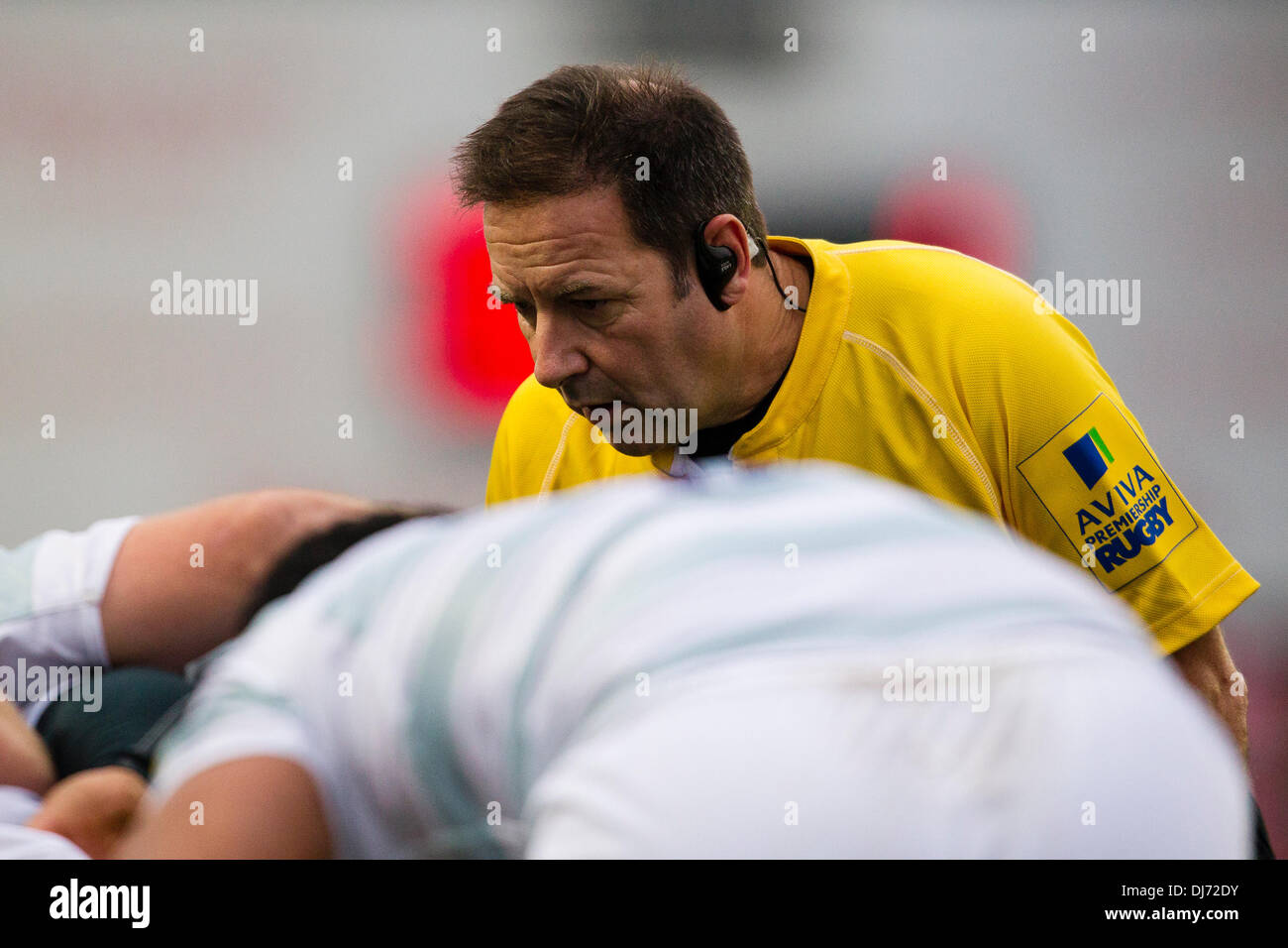 Leicester, UK. 23rd Nov, 2013. Referee Martin Fox inspects a scrum ...