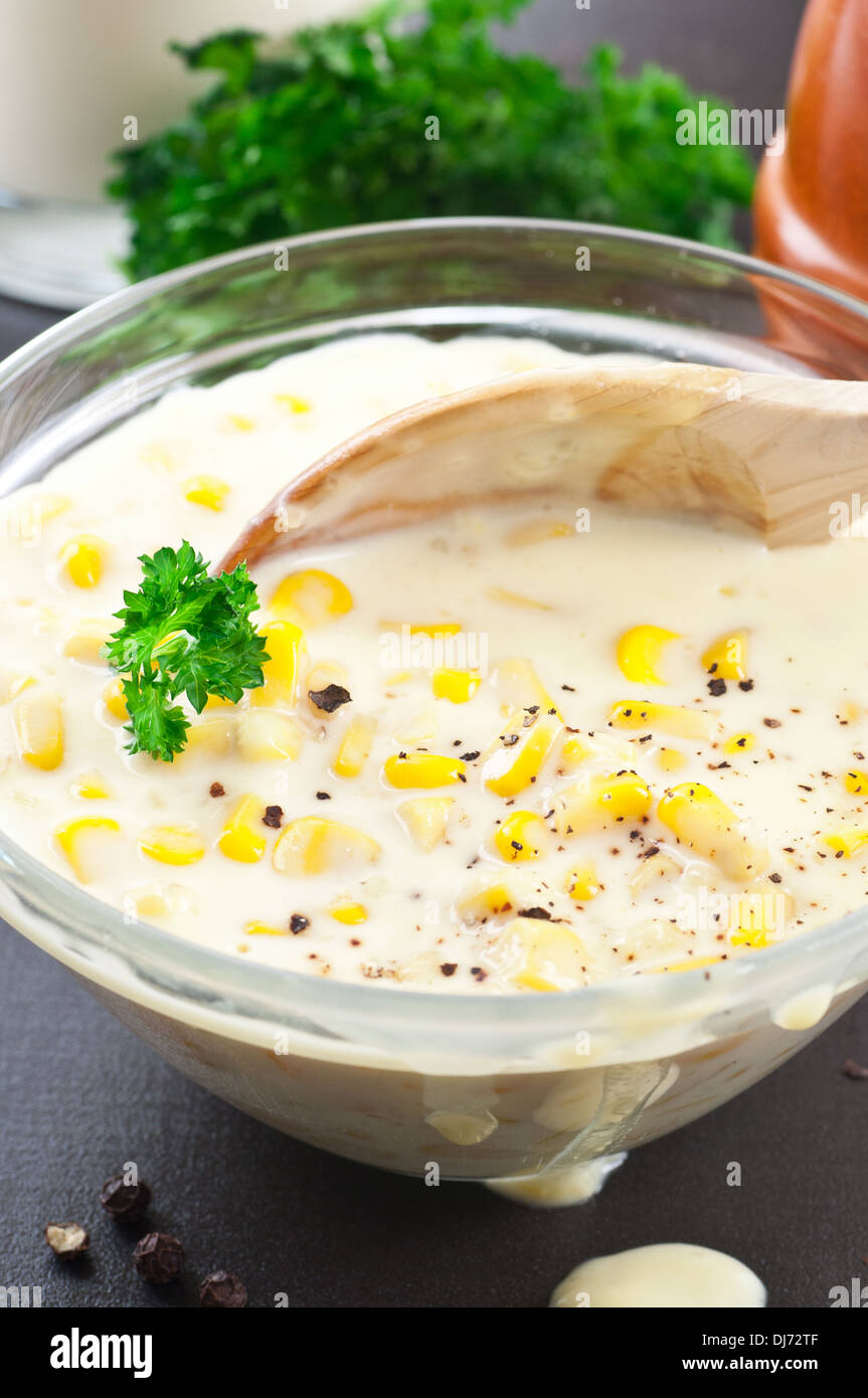 Cooked sweet corn kernels in heavy cream. Served with black pepper ...