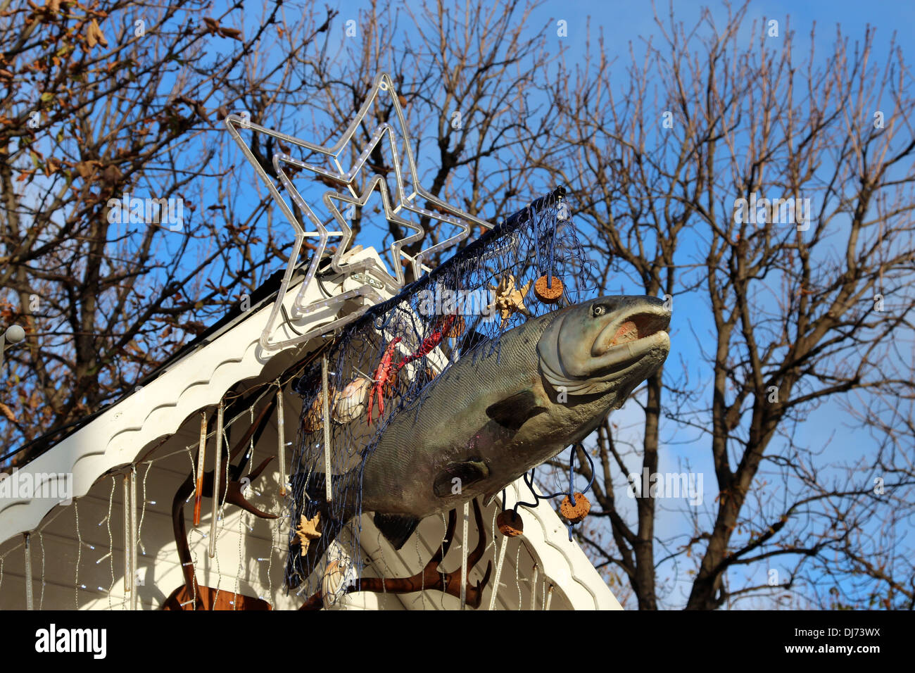 Salmon hanging on a Christmas market stall Stock Photo - Alamy