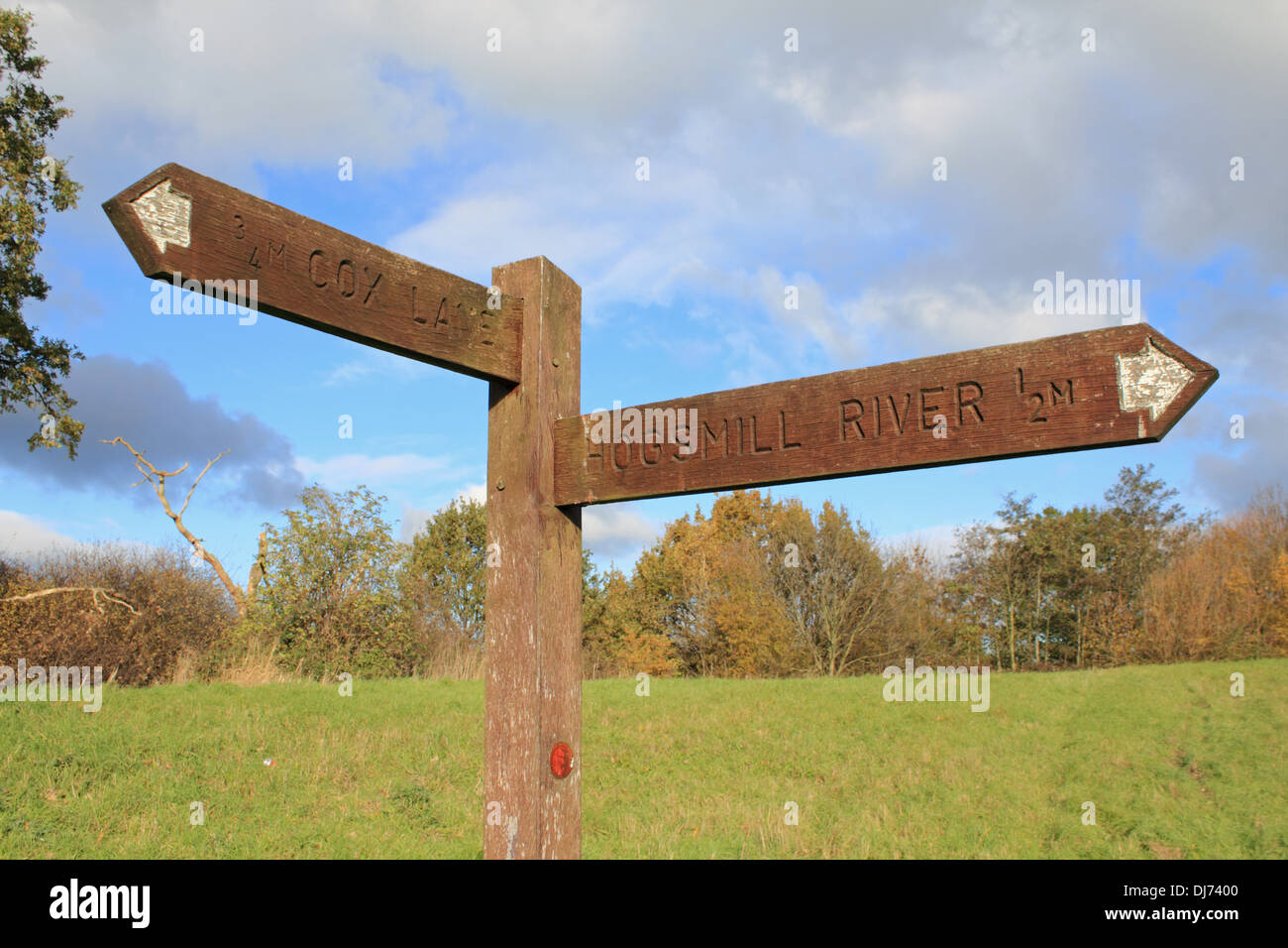 Wooden sign post walking route to the Hogsmill river Ewell Surrey ...
