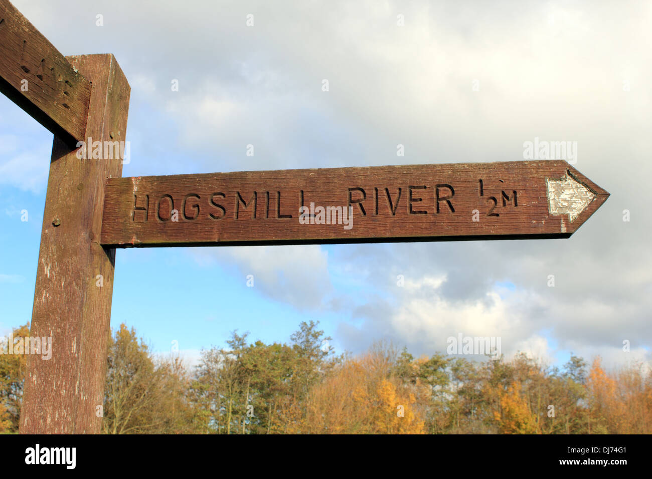Wooden sign post walking route to the Hogsmill river Ewell Surrey ...