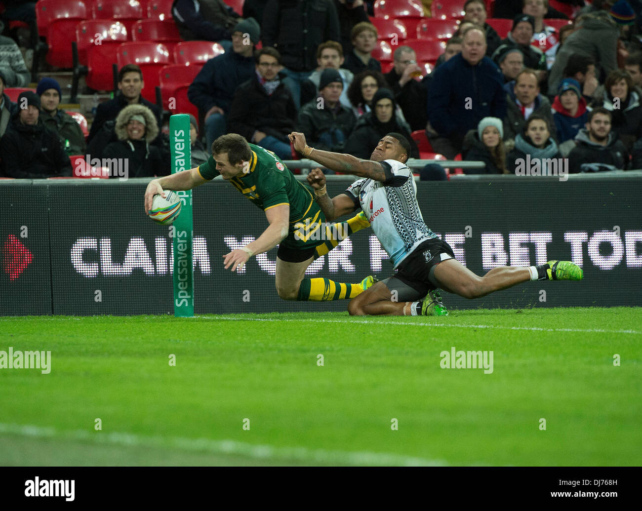 London, UK. 23rd Nov, 2013. Australia's Brett Morris [2] scores a try ...