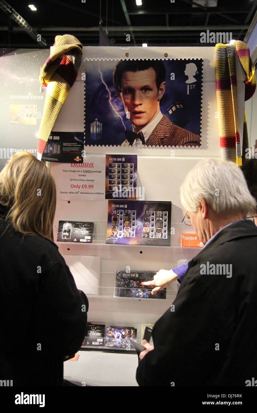 London, UK 23 November 2013. Dr Who fans seen by Royal Mail merchandise ...