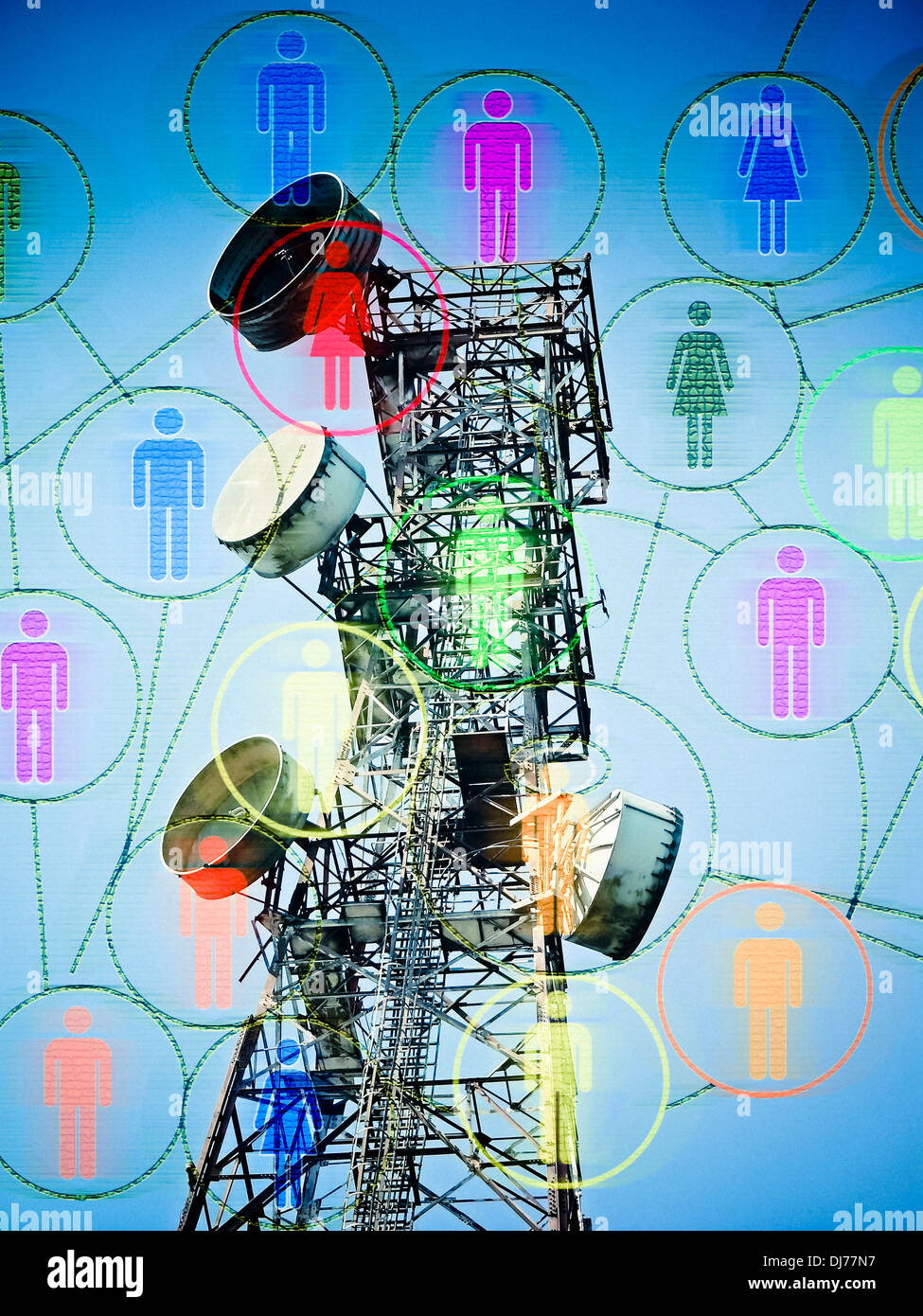 A signal receiving tower of television with Human Network, Concept ...