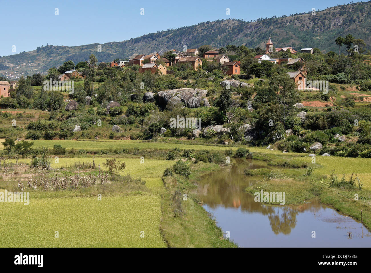 Betsileo houses and rice paddies, central highlands of Madagascar Stock ...