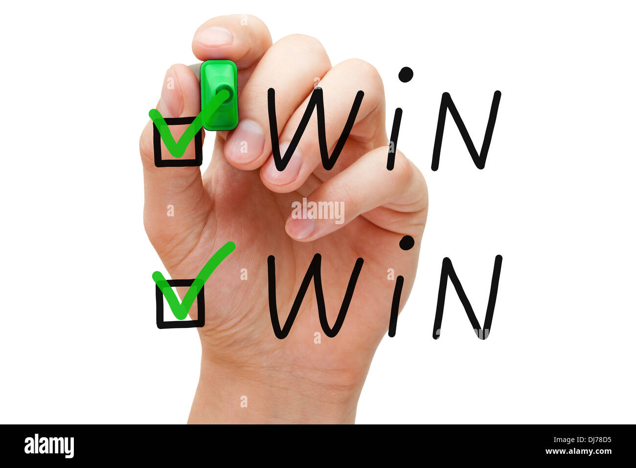 Hand putting check mark with green marker on Win Win Stock Photo - Alamy