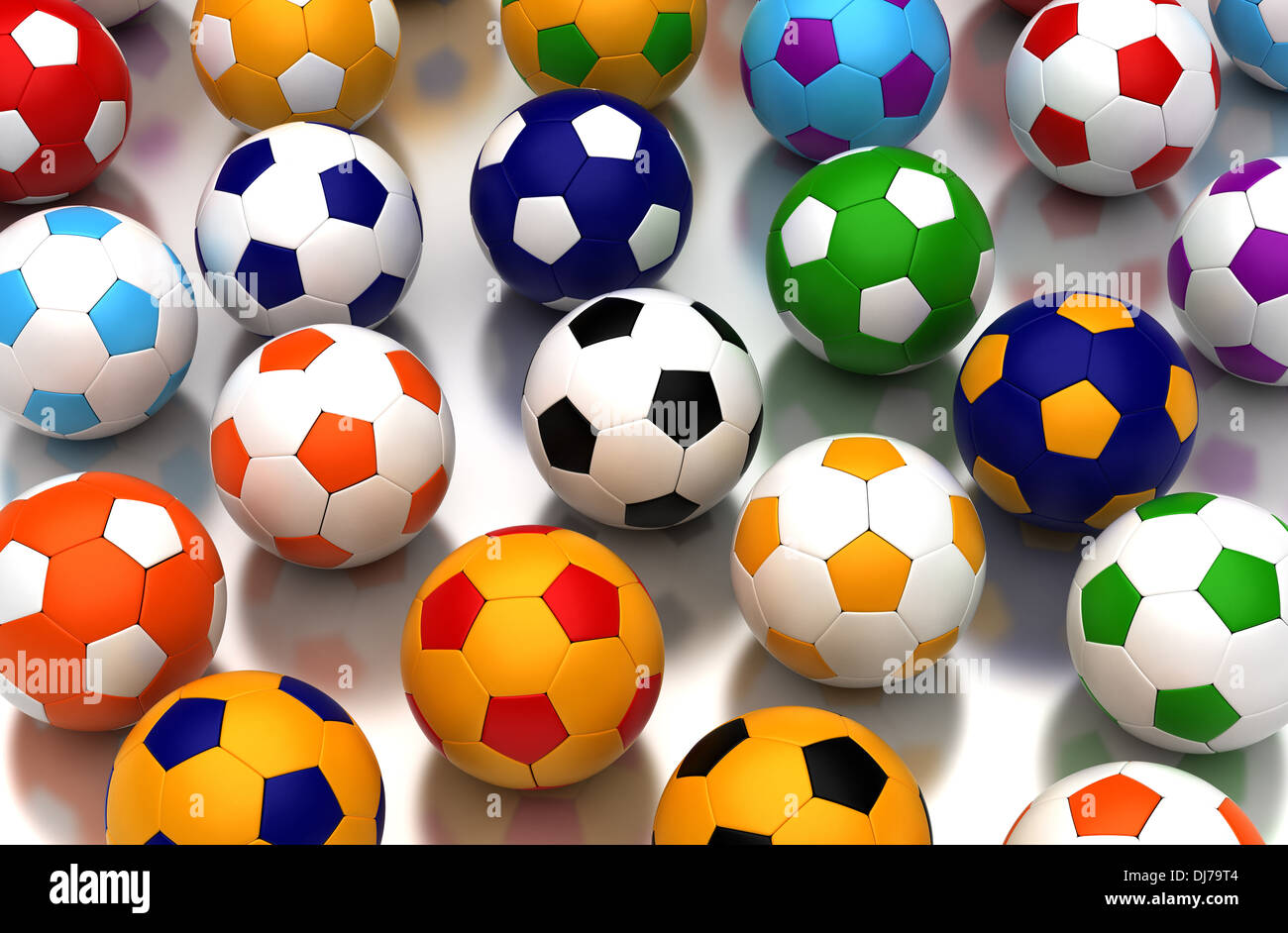 Colorful soccer balls on white background (Computer generated image ...