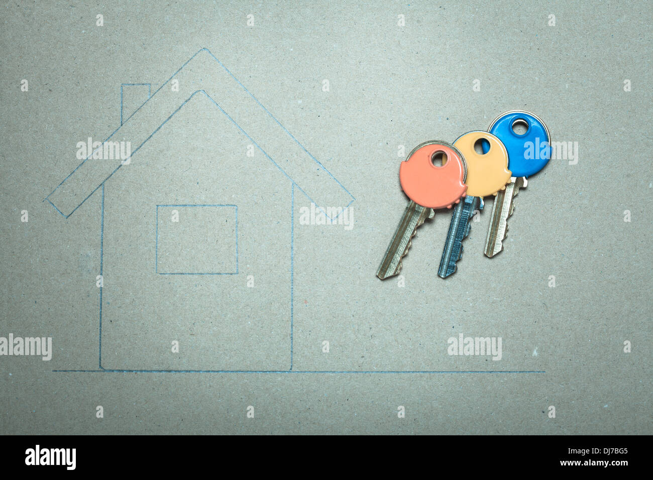 Hand drawn sketch house on recycled paper home symbol and colorful keys ...