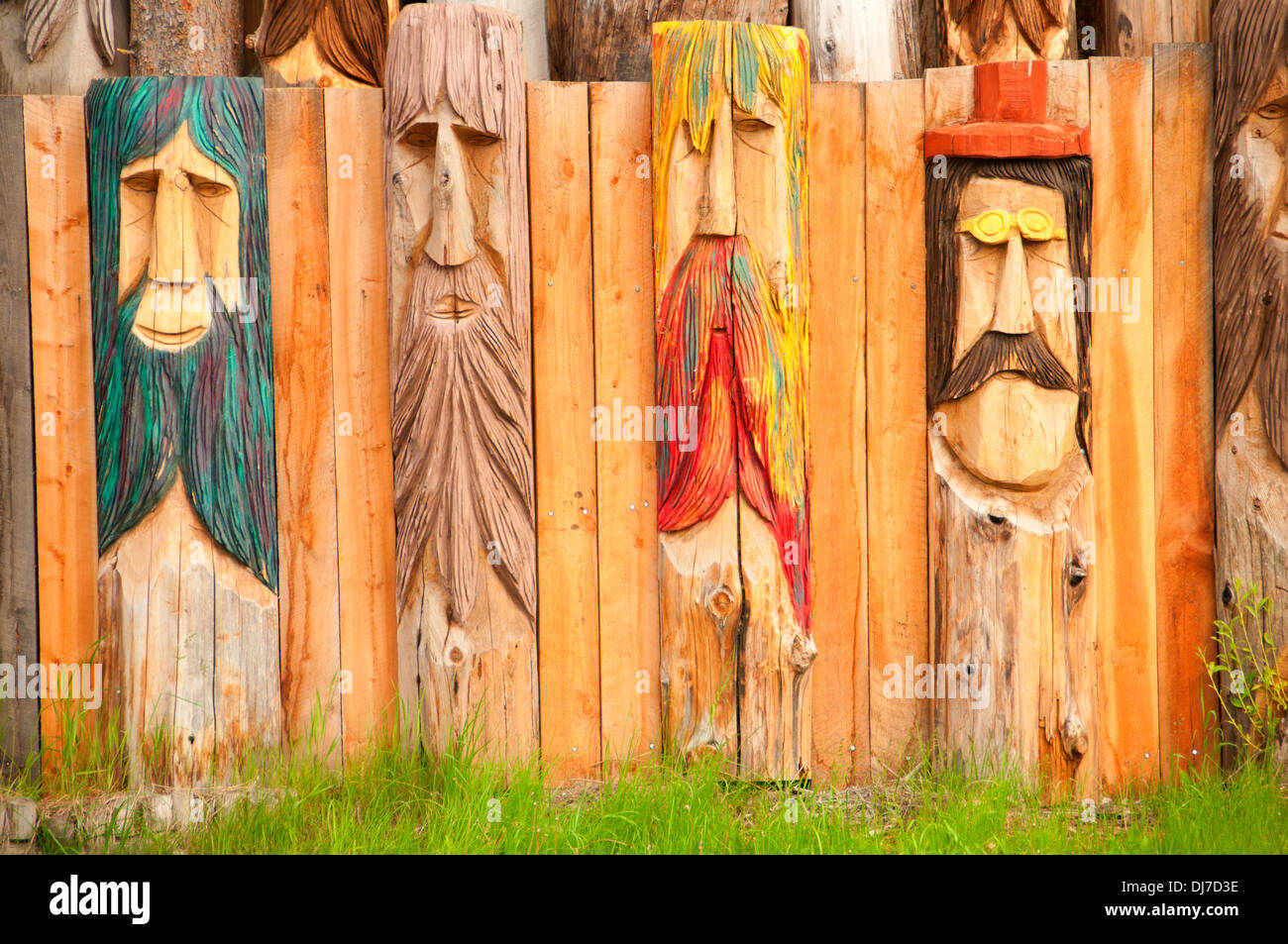 Woodcarver fence, Radium Hot Springs, British Columbia, Canada Stock ...
