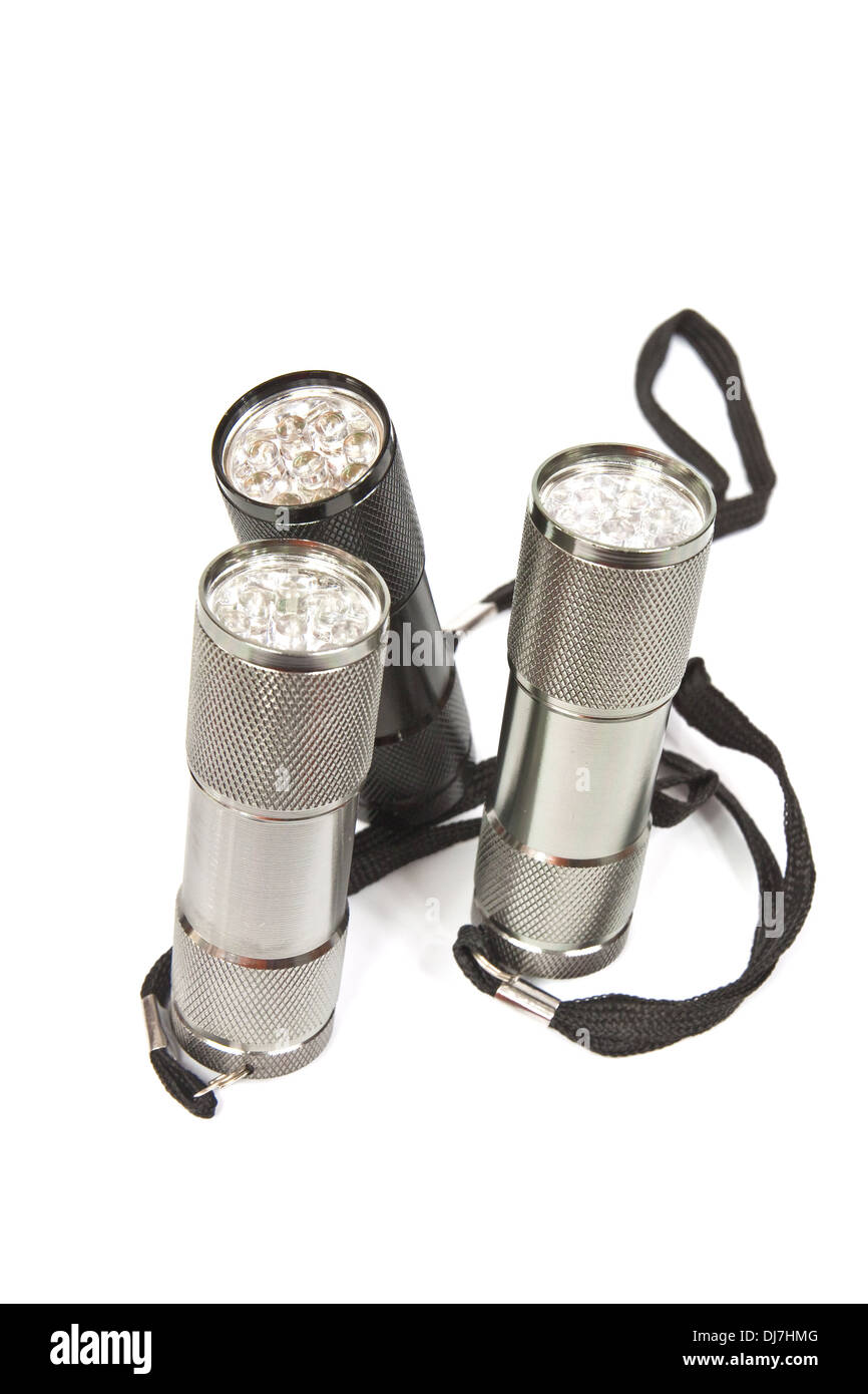 LED flashlights with aluminum body and hand strap on a white background ...