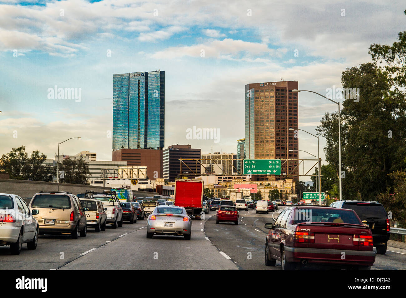 The Downtown Los Angeles skyline from the 110 freeway from the south on ...