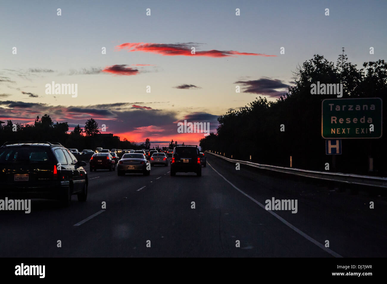 A red sunset on the 101 Freeway near Reseda, Los Angeles California ...