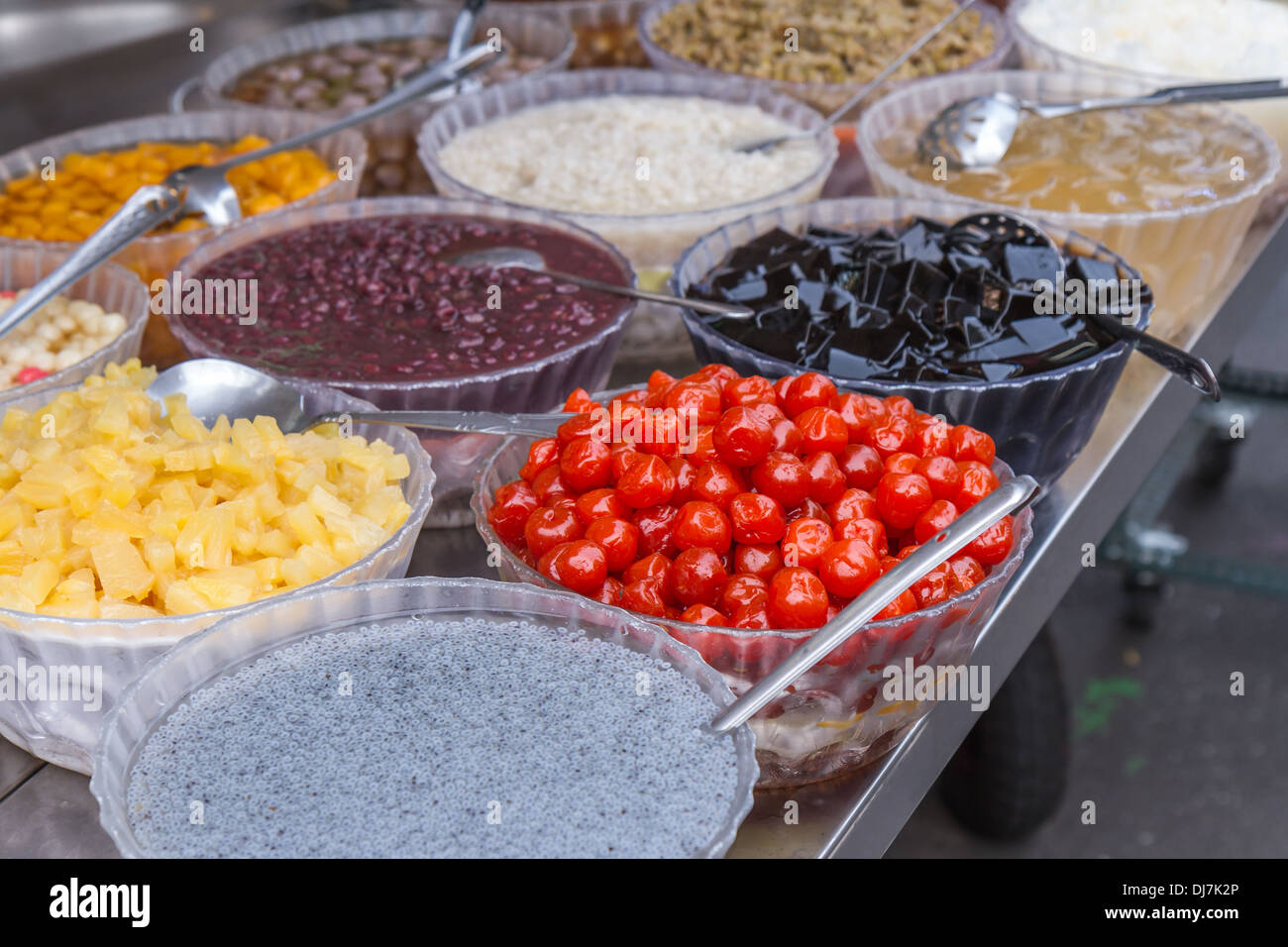Toppings for Taiwanese shaved ice dessert at a vendor Stock Photo - Alamy