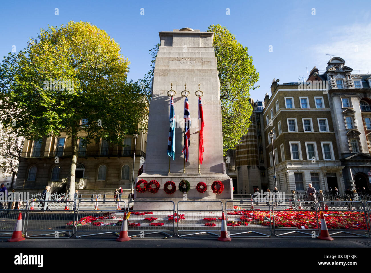 Poppy wreaths laid by the war memorial Cenotaph in Whitehall, London ...