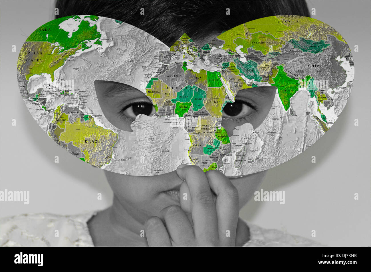 small girl with birthday mask, World Map Design Stock Photo - Alamy