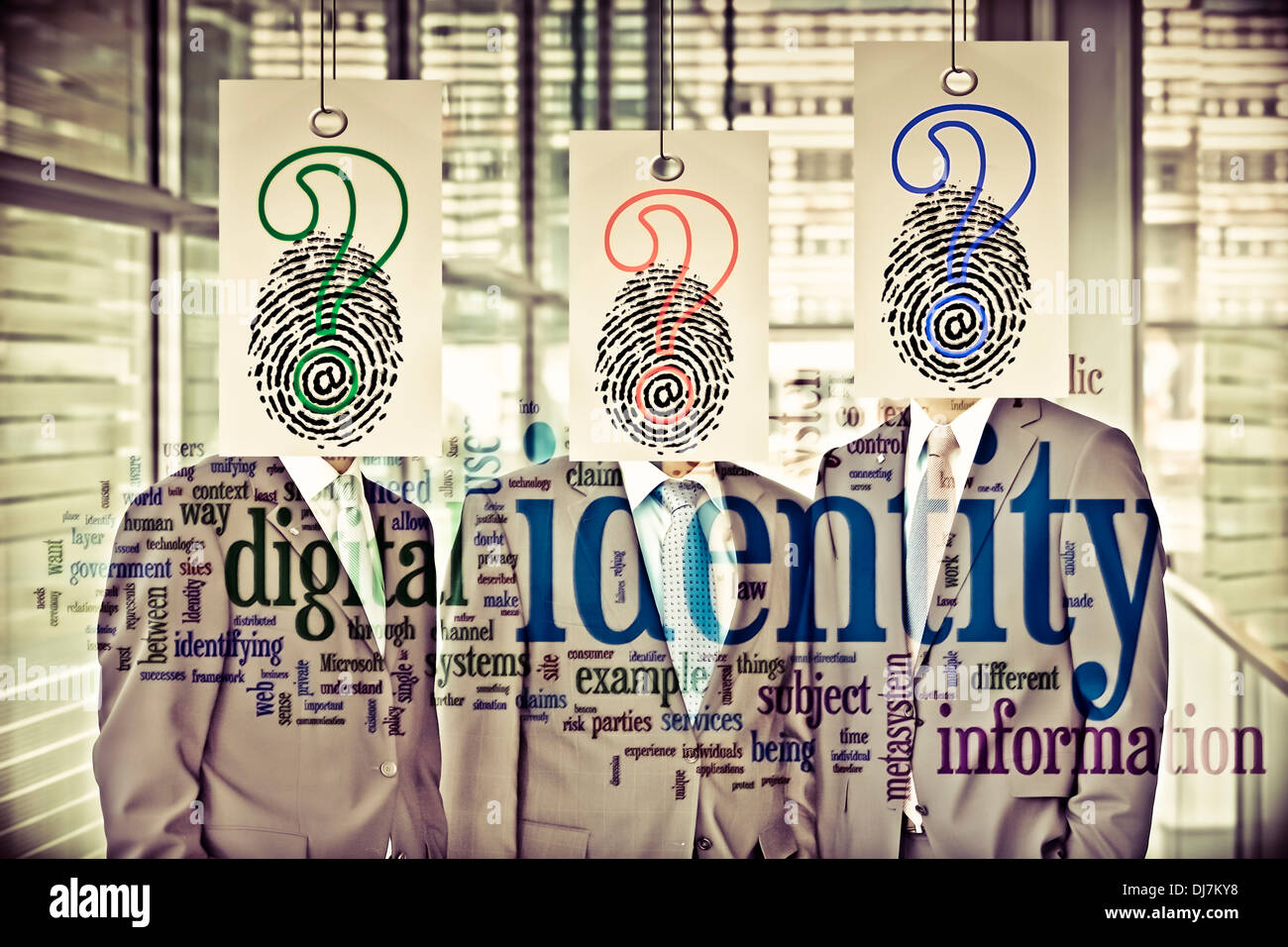 Portrait of people behind interrogation symbol Stock Photo - Alamy