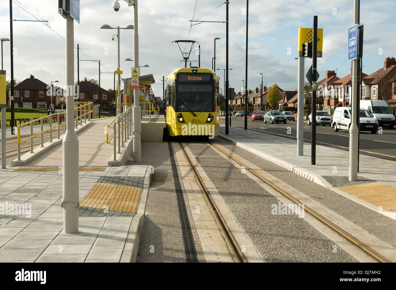 Metrolink tram at Audenshaw stop, on the East Manchester Line ...