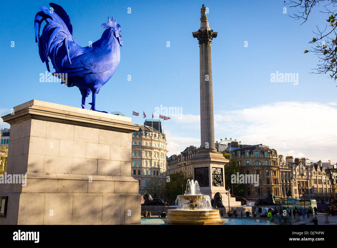Blue cockerel modern sculpture on plinth at Trafalgar Square, London ...