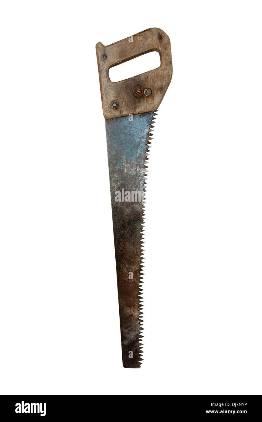 old rusty dirty saw against white background Stock Photo - Alamy