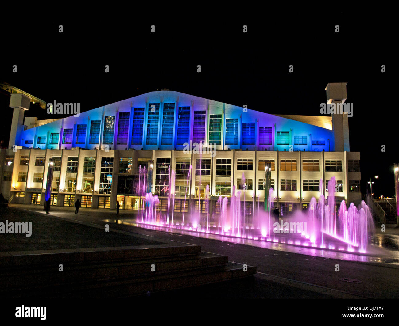 Wembley Arena at night showing fountains, Wembley, London, England ...