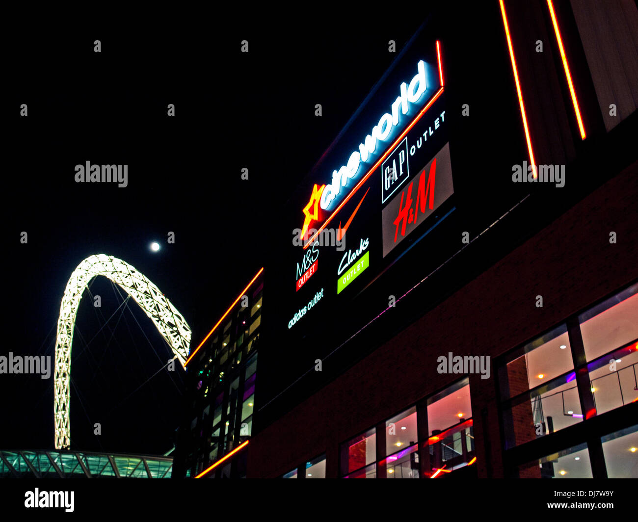View of London Designer Outlet at night showing Wembley Stadium ...