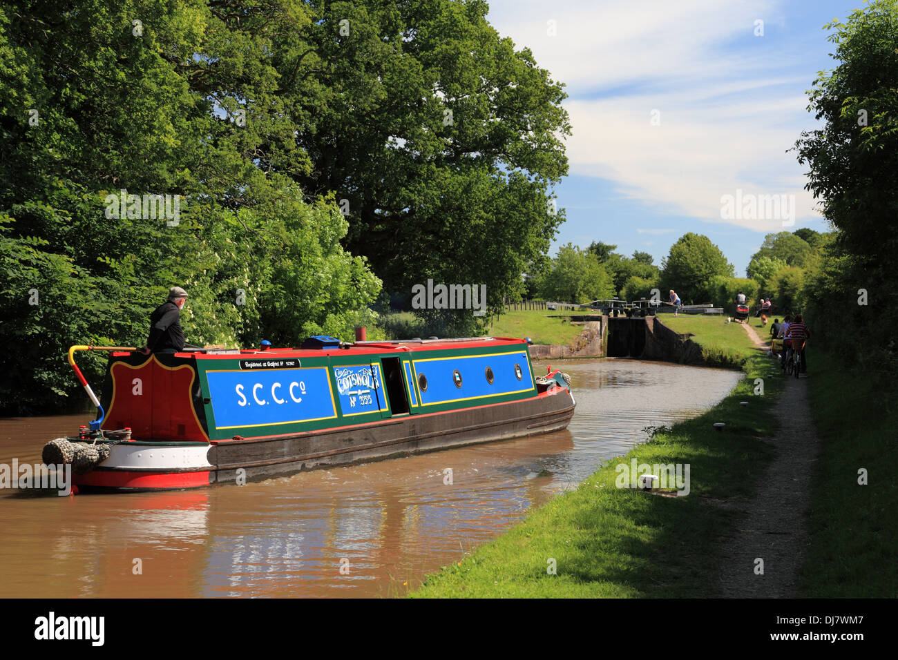 A narrowboat approaching Lock 3 of the Tyrley flight of locks on the ...