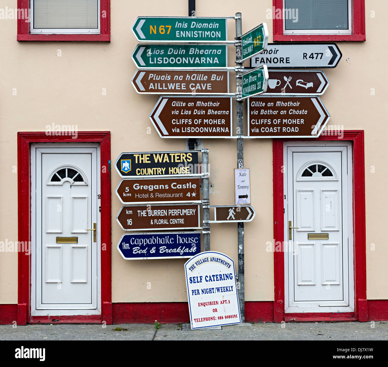 Road signs and doorways, Ballyvaughan, Co. Clare, Ireland Stock Photo ...