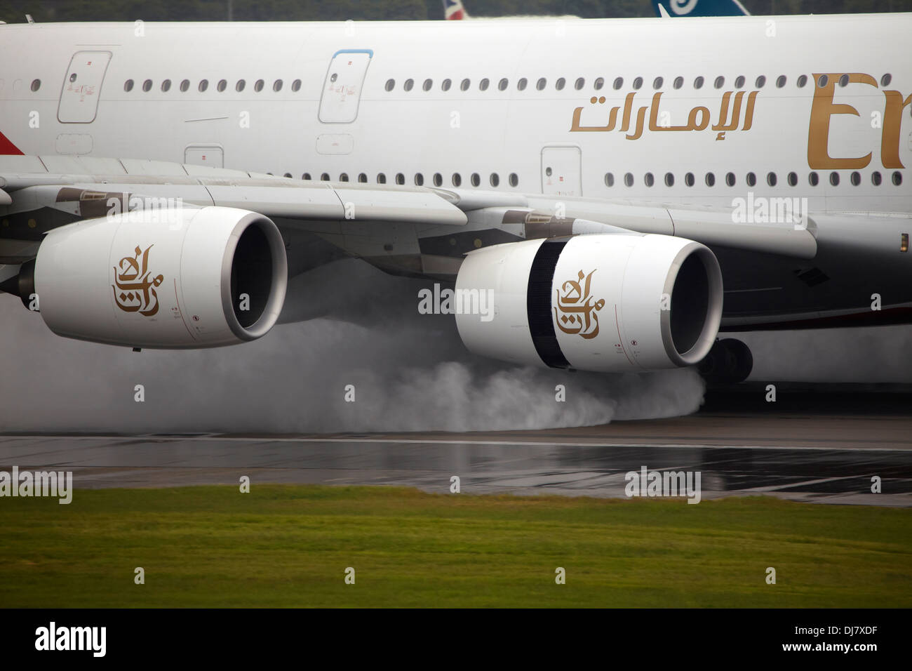 Emirates Airbus A380 landing in bad weather and rain at London Heathrow ...