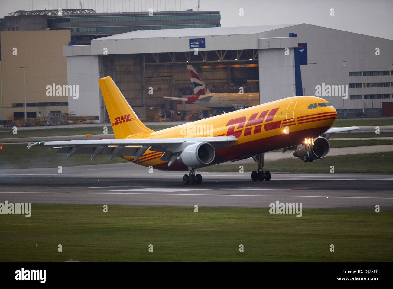 DHL Cargo Airbus A300 landing at London Heathrow Airport Stock Photo ...